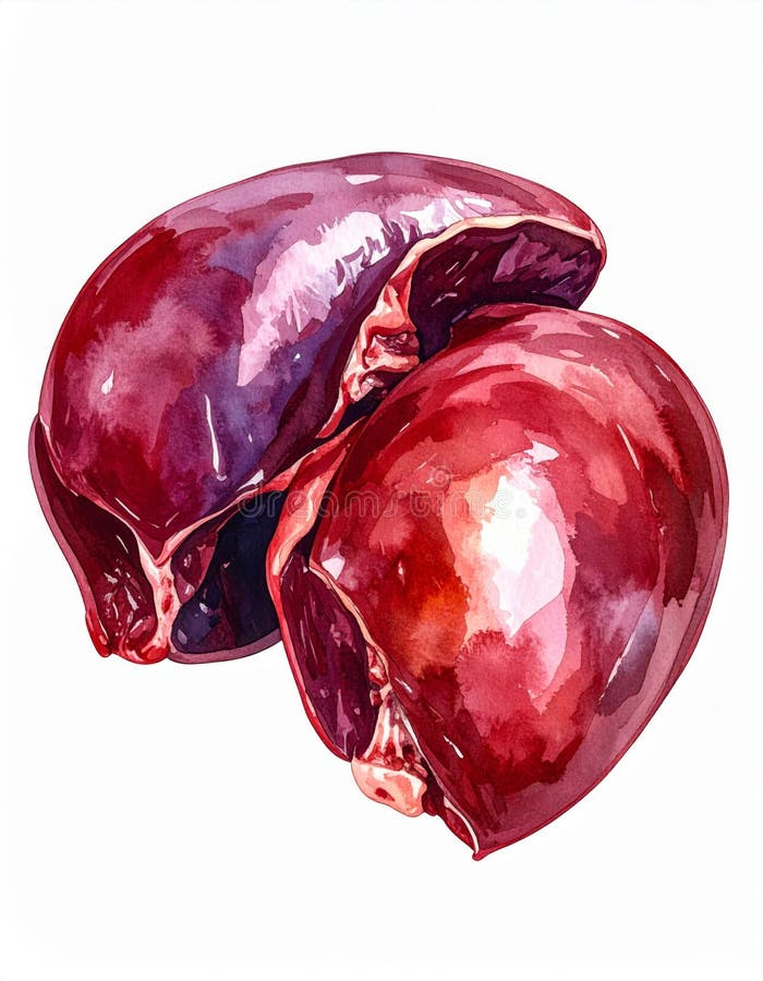 Two Pieces of Raw Red Liver Watercolor Painting Stock Illustration - Illustration of fresh ...