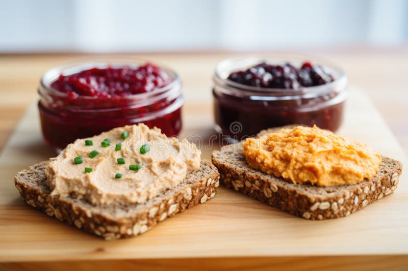 Two Pieces of Sprouted Grain Bread with Variety of Spreads Stock Image ...