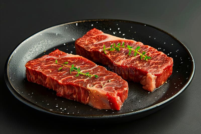 Two Pieces of Steak on a Black Plate with a Sprig of Thyme Stock Photo ...