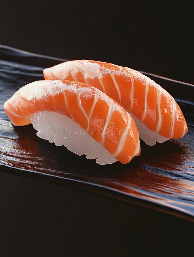 Two Pieces of Sushi with White Rice and Salmon Stock Photo - Image of ...