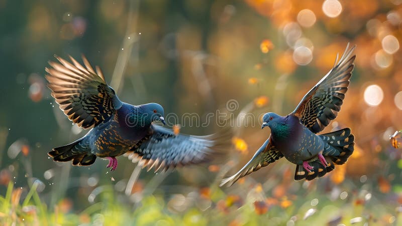 Two Pigeons in Flight, Autumn Scene Stock Illustration - Illustration ...