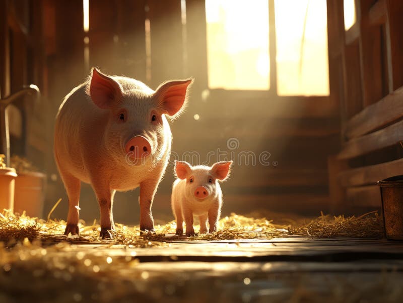 Two Piglets Standing Together in a Barn, Looking at the Camera in a ...