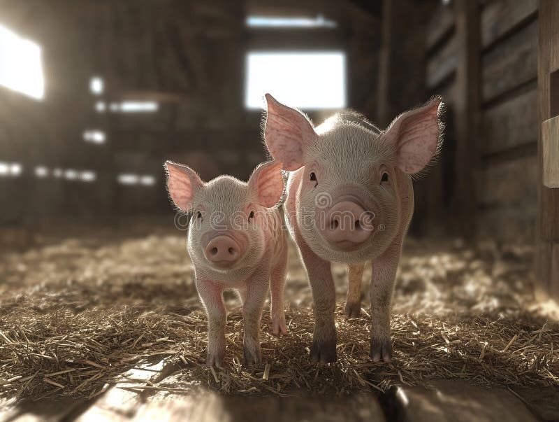 Two Piglets Standing Together in a Barn, Looking at the Camera in a ...
