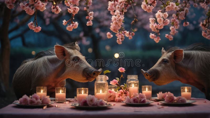Romantic Pigs Dinner Under Cherry Blossoms Stock Illustration ...