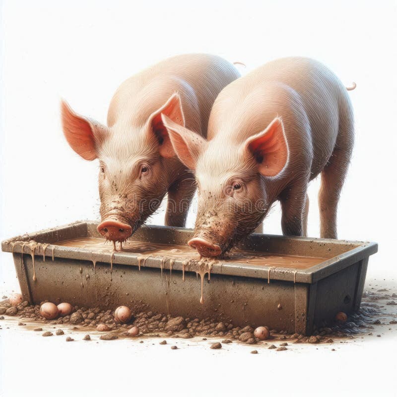 Two Pigs Eat from the Same Trough. Space for Text. Stock Photo - Image ...
