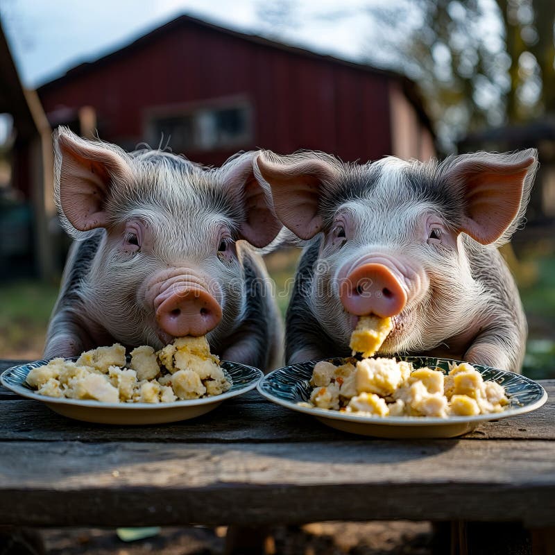 Two Pigs Eating Food on a Wooden Table Stock Image - Image of ...