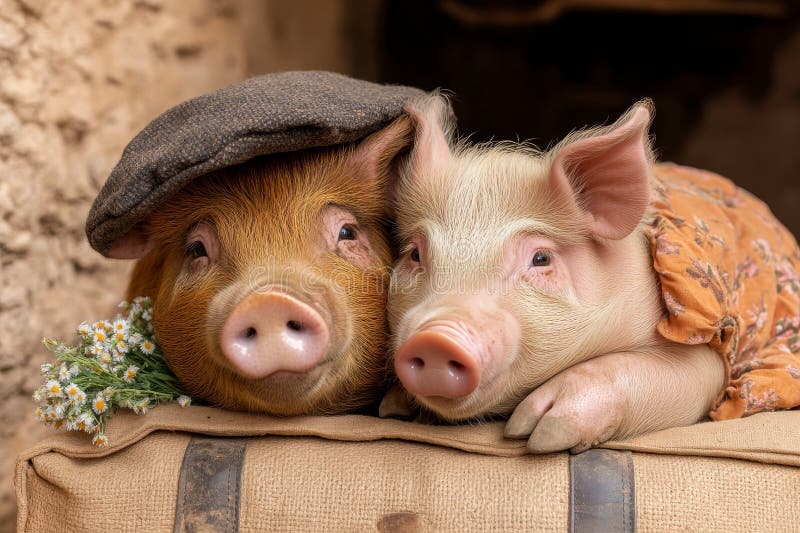 Two Pigs Sitting on a Vintage Travelling Bag. Generative AI. Stock ...