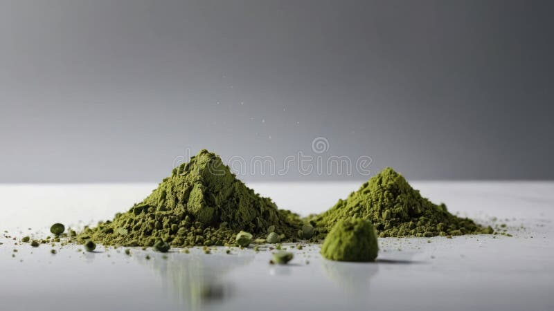 Two Piles of Vibrant Green Matcha Powder on a Clean White Background ...