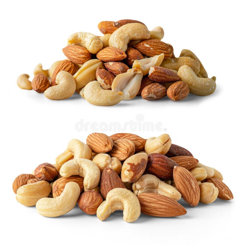 Two Piles of Walnuts, Almonds and Cashews Isolated from the White ...