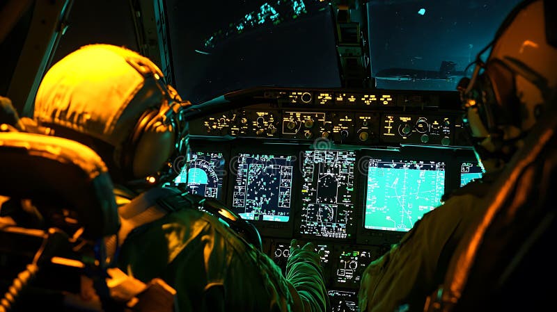 Two Pilots are in the Cockpit of an Airplane, Looking at the ...