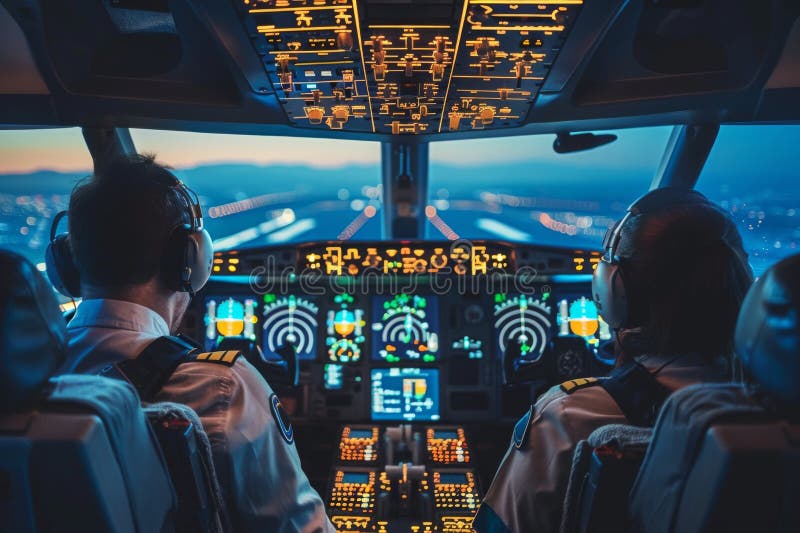 Two Pilots are in the Cockpit of an Airplane, Looking Out at the Runway ...