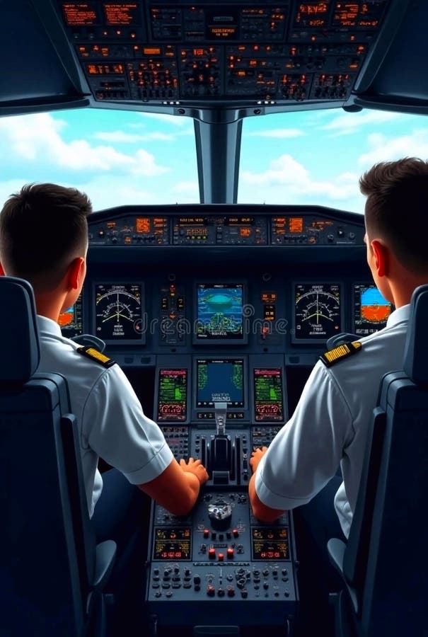 Two Pilots in the Cockpit of an Airplane. View from the Back Stock ...
