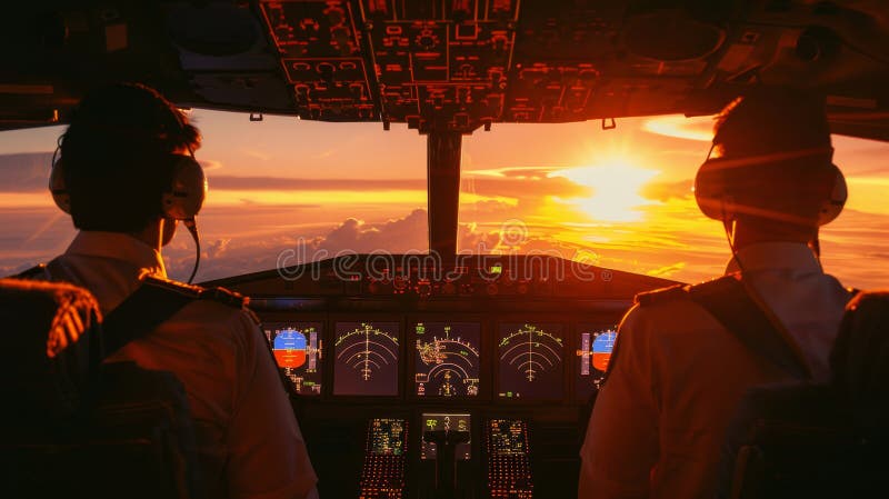 Two Pilots are Flying a Plane with the Sun Setting in the Background ...