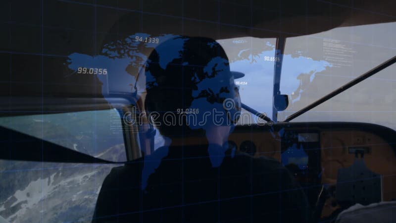 Two Pilots Navigating Controls in Aviation Cockpit, Showing World Map ...