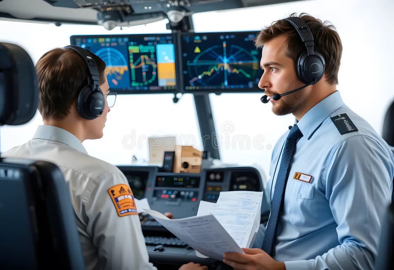 Two Pilots Reviewing Flight Plans in Airplane Cockpit before Takeoff ...
