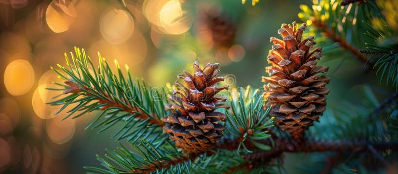 Two Pine Cones on Pine Tree Branch Stock Photo - Image of plant, forest ...