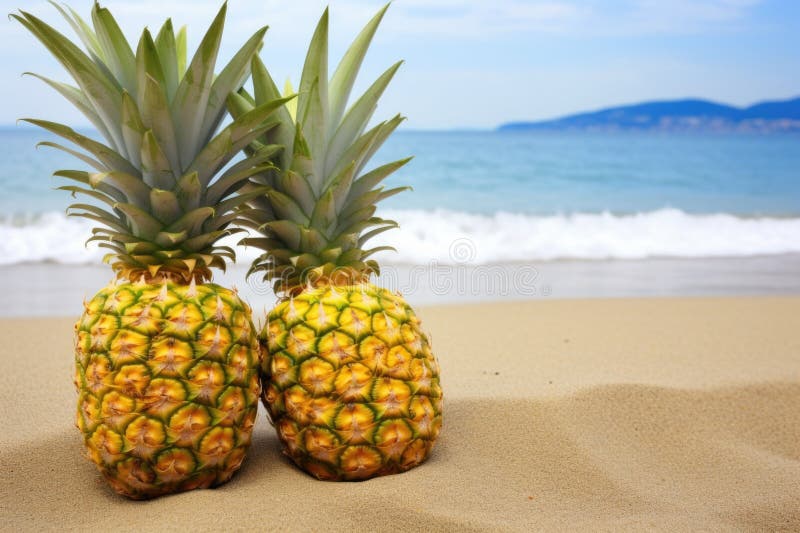 Two Pineapple Fruits Together on a Tropical Beach Stock Illustration ...