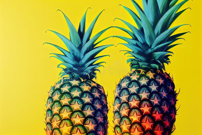 Two Pineapples with a Yellow Background and a Blue One with a Red Star ...