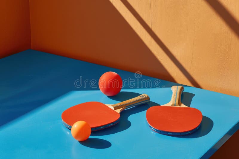 Two Ping Pong Paddles and an Orange Ball on a Blue Table Stock Image ...