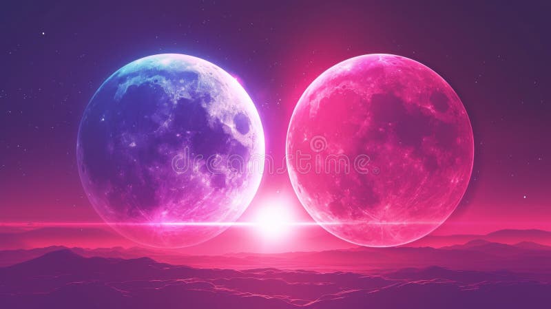 Two Pink and Blue Moons are Shown in a Sky, AI Stock Illustration ...