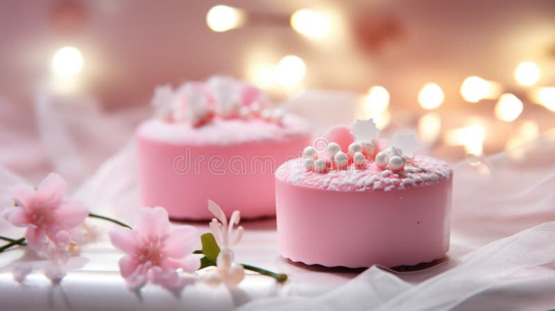 Two Pink Cakes Sitting on Top of a Table Stock Photo - Image of icing ...