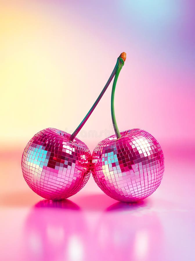 Two Pink Cherries with Mirrored Disco Balls on a Pink Surface Stock ...