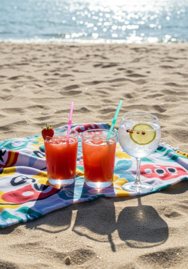 Two Pink Cocktails and Gin and Tonic on Sandy Beach Stock Illustration ...