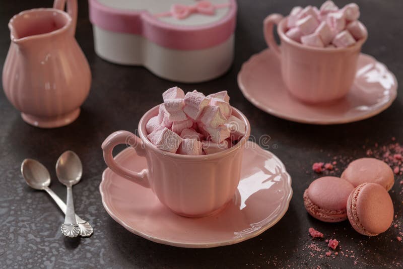 Two Pink Cups with Pink Heart-shaped Marshmallows, a Gift in a Pink Box ...