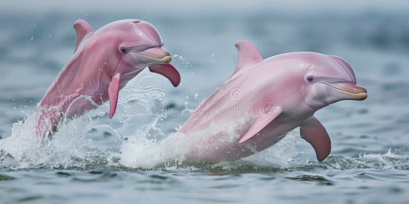 Two Pink Dolphins Leaping Out of Ocean Water with Splashes and Waves in ...