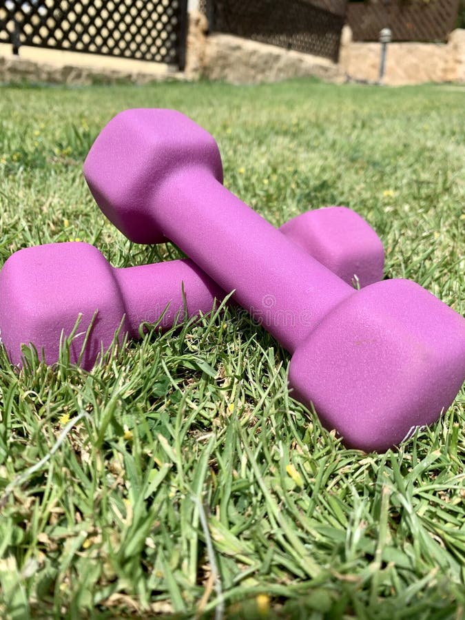 Two Pink Dumbbells For Training On The Grass Stock Image - Image of ...