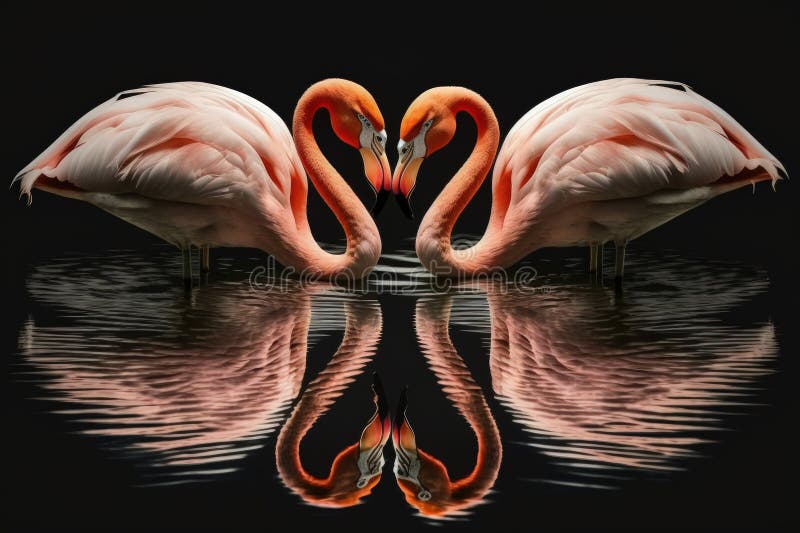 Two Pink Flamingos in the Shape of a Heart in the Reflection Pond. Love ...