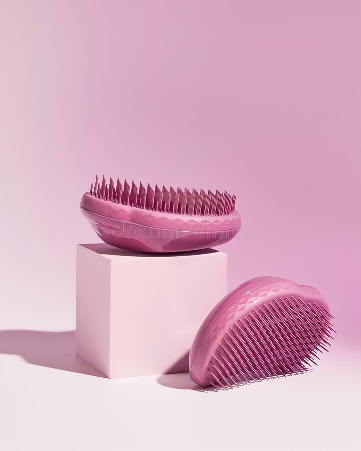 Two Pink Hair Brushes, One Resting on a Pink Cube, the Other Lying on a ...