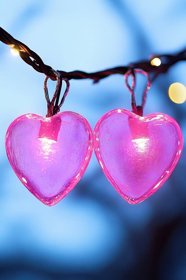 Two Pink Hearts Dangle from a String of Lights, Creating a Romantic ...