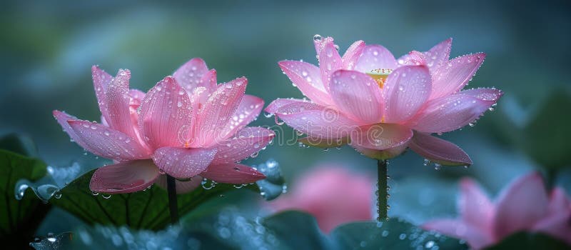 Two Pink Lotus Flowers Adorned with Raindrops Stock Photo - Image of ...