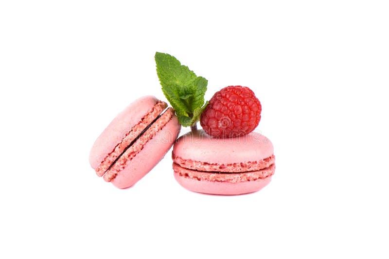 Two Pink Macaroon with Raspberry and Mint Leaves Isolated on a White ...
