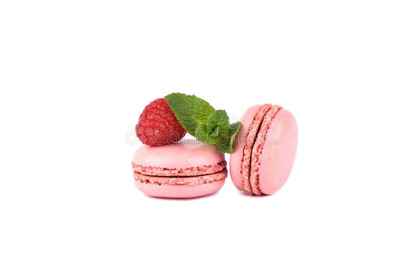 Two Pink Macaroon with Raspberry and Mint Leaves Isolated on a White ...
