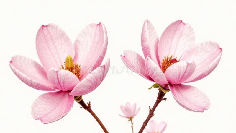 Two Pink Magnolia Blossoms in Full Bloom Against White Background Stock ...