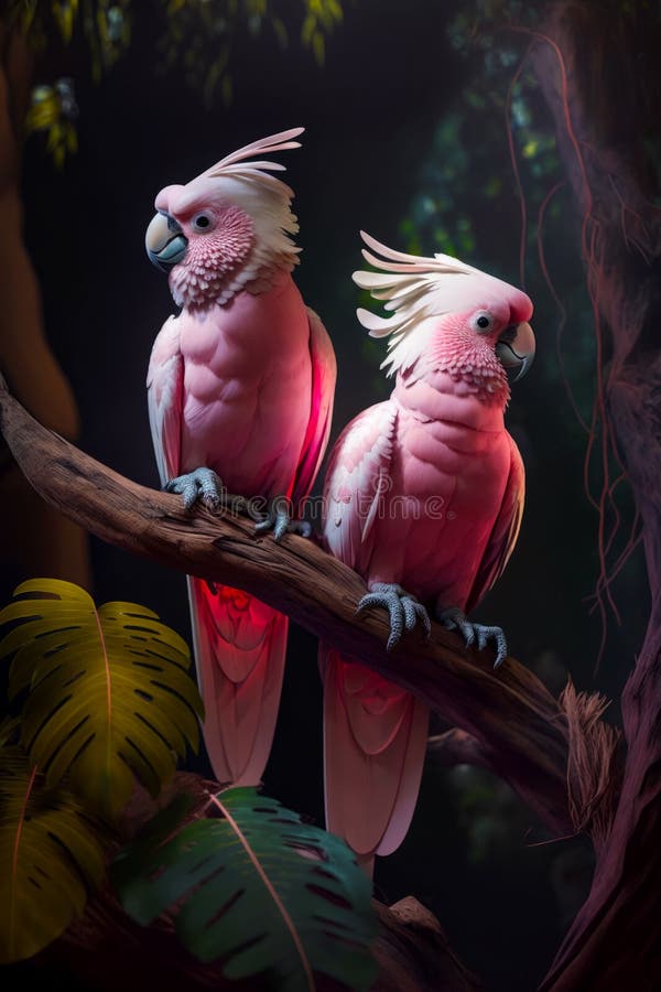 Two Pink Parrots Perched on Tree Branch in Tropical Forest Setting ...