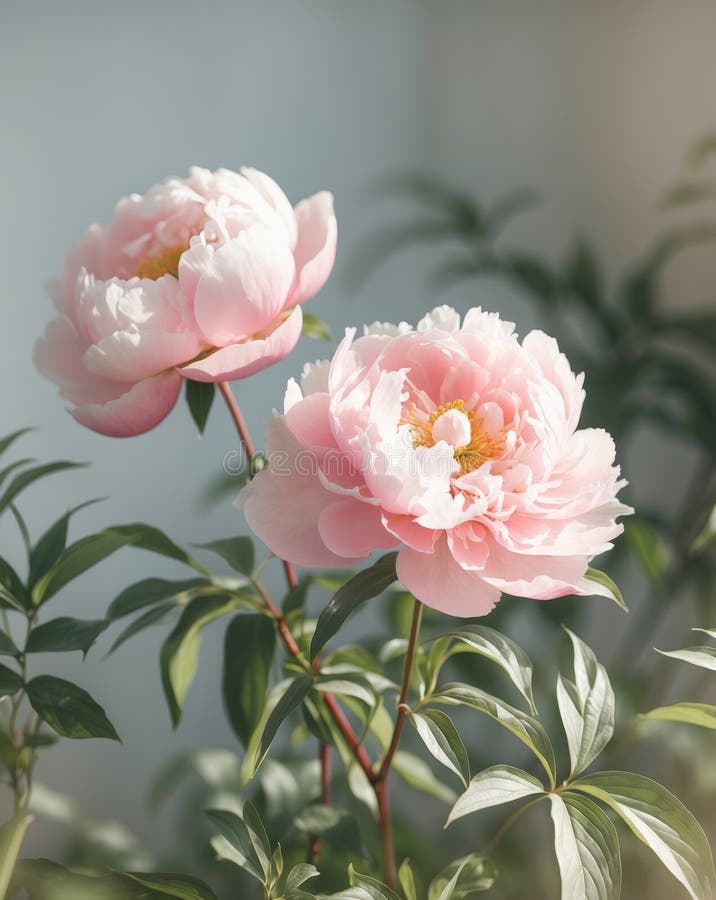 Two Pink Peonies in Bloom with Green Foliage Stock Image - Image of ...