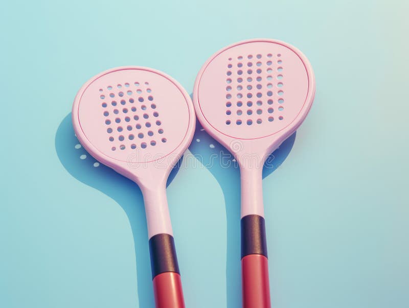 Two Pink Pickleball Paddles Against a Blue Background. Stock Photo ...