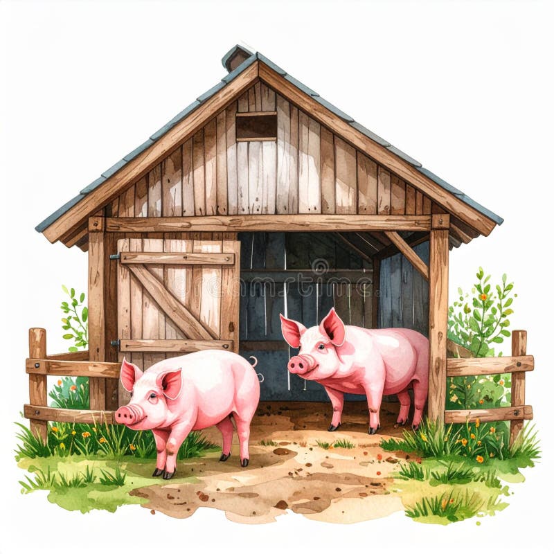 Two Pink Pigs in a Rustic Wooden Barn Stock Illustration - Illustration ...