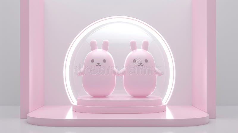Two Pink Rabbits are Sitting in a Glass Case with Two Candles, AI Stock ...