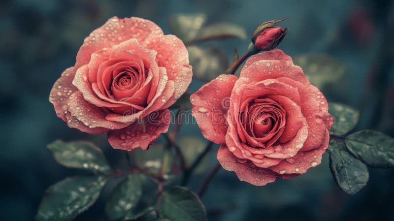 Two Pink Roses with Dew Drops on a Green Stem Stock Illustration ...