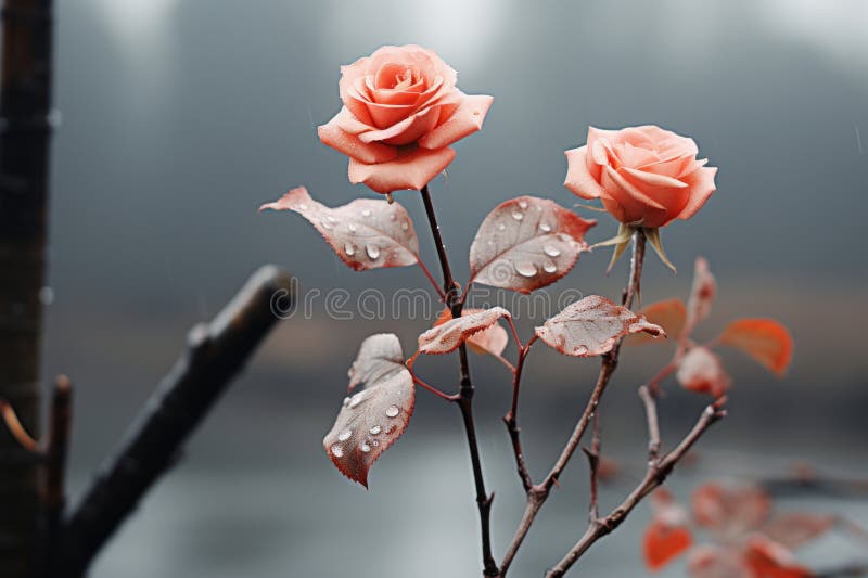 Two Pink Roses in Front of a Lake with Water Droplets on Them Stock ...