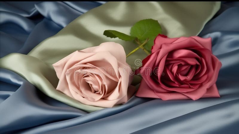 Two Pink Roses are Laying on a Blue Satin Material with a Green Leaf on ...