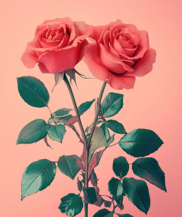 Two Pink Roses are on a Stem Stock Photo - Image of background, floral ...