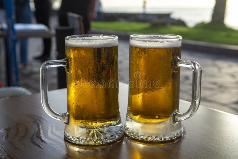Two Pint Glasses with Cold Beer Served Outdoor Stock Image - Image of ...