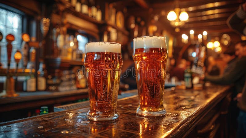 Two Pints of Beer on a Bar Counter. Stock Image - Image of alcohol ...