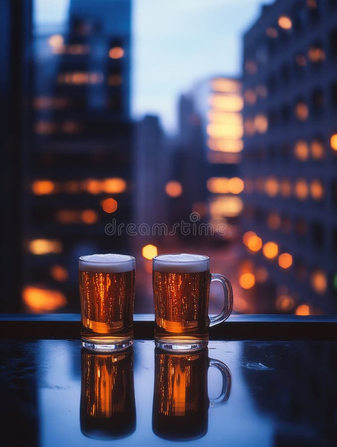 Two Pints of Beer on a Cityscape Stock Photo - Image of evening ...