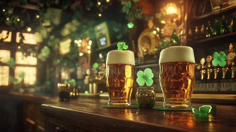 Two Pints of Beer on a Pub Counter at Night Stock Illustration ...